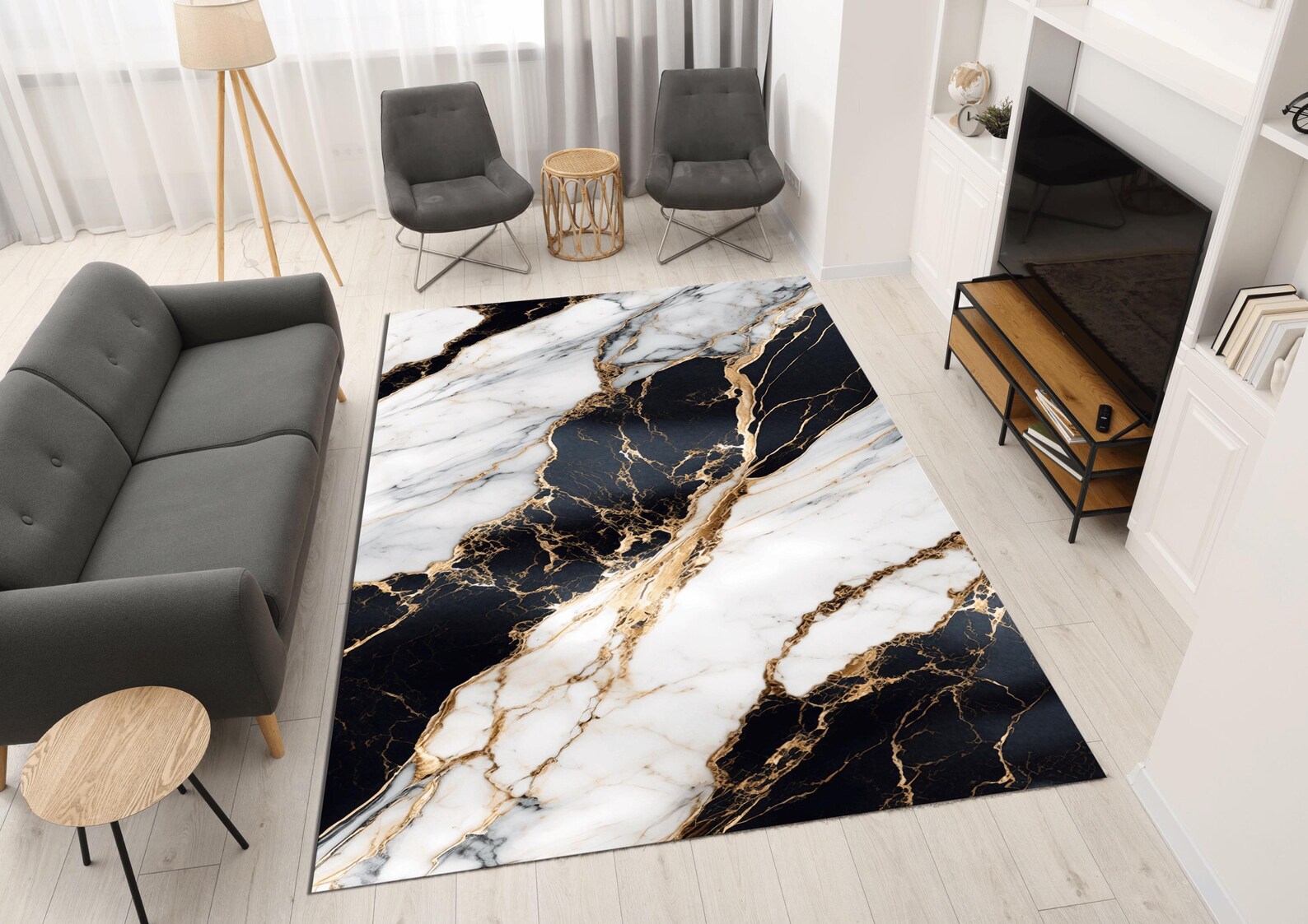 Luxury Black Gold Marble Rug , Oil Painting Design Rug, Abstract Rug ...