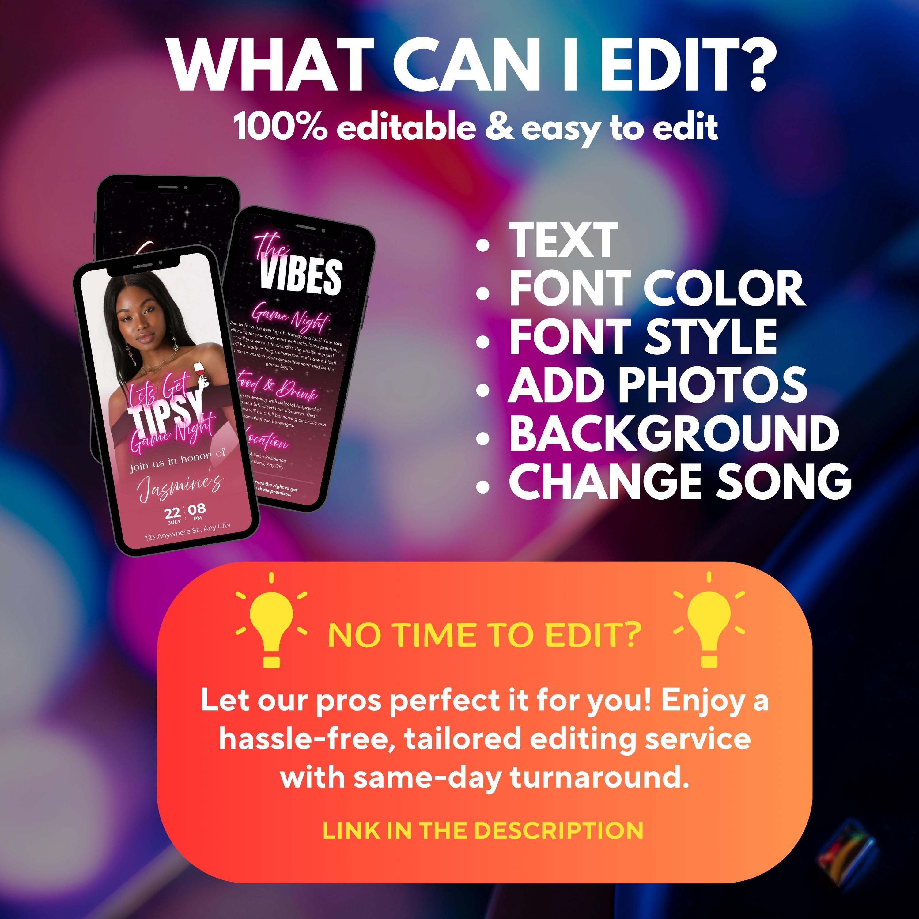 Let’s Get Tipsy Game Night Invitation, Customizable Photo Neon Pink ...