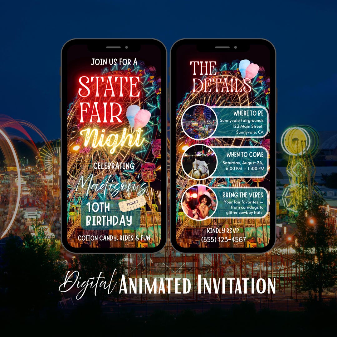 State Fair Night Birthday Invitation, Carnival Theme Neon Lights, Animated Template - Etsy
