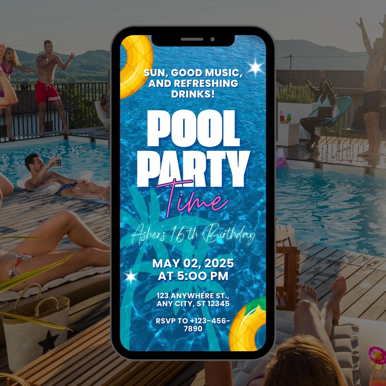 Blue Pool Party Birthday Invitation Video. Neon Beach Theme Tropical ...