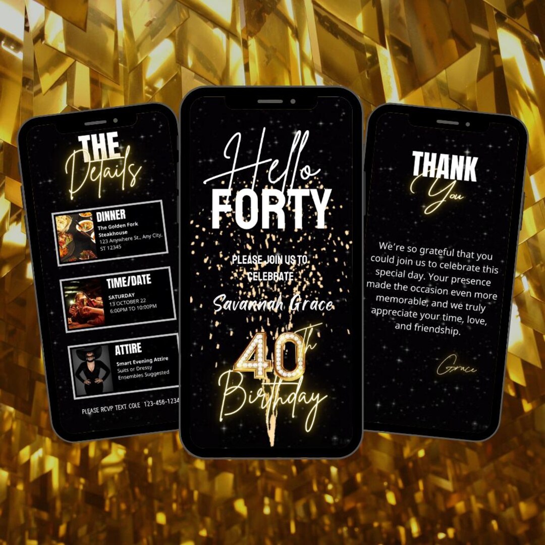Hello Forty Invitation Glam Elegant Black & Gold Birthday, Customizable ...