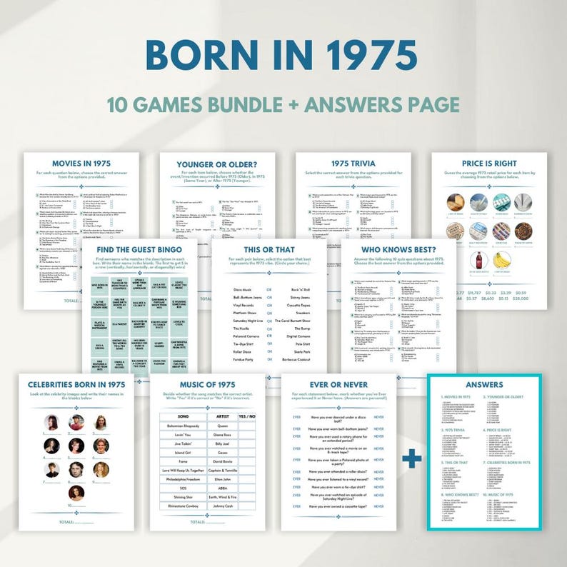 50th Birthday Games Bundle 50th Birthday Party Games 1975 Trivia Born ...