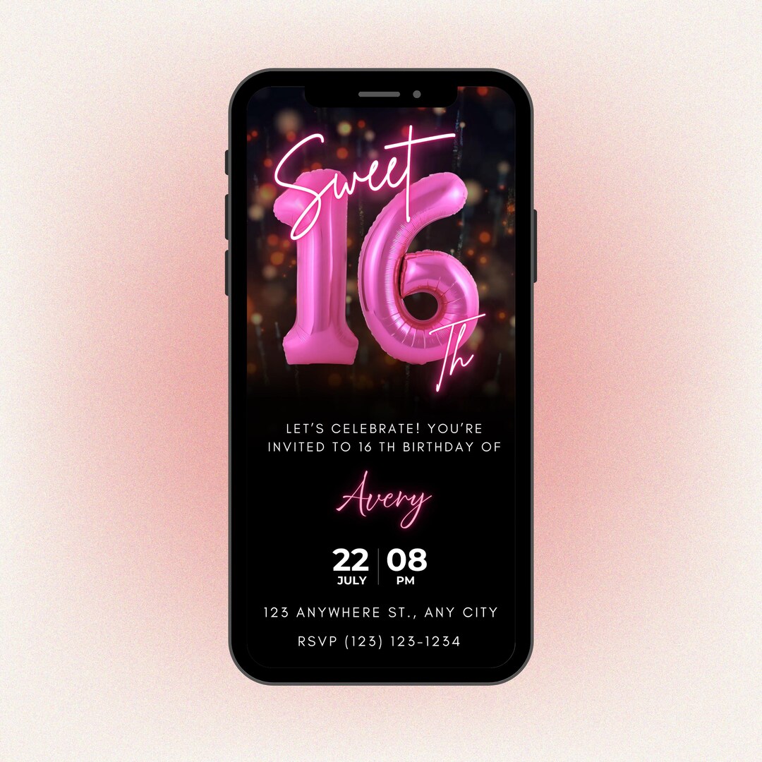 Sweet Sixteen Birthday Invitation, Neon Pink Balloon Theme on Black ...