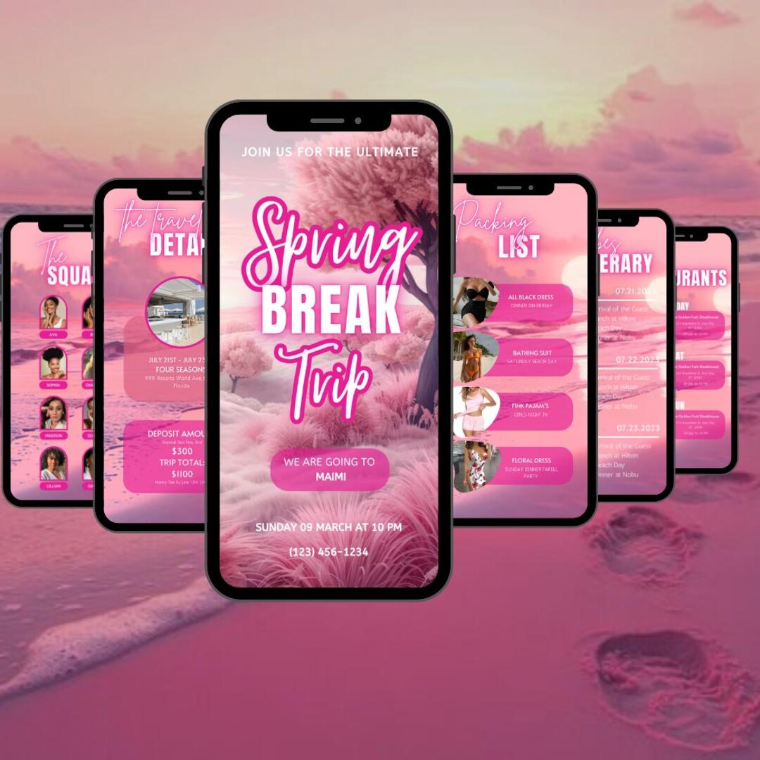 Neon Pink Spring Break Invitation, Editable Animated Group Travel Party ...