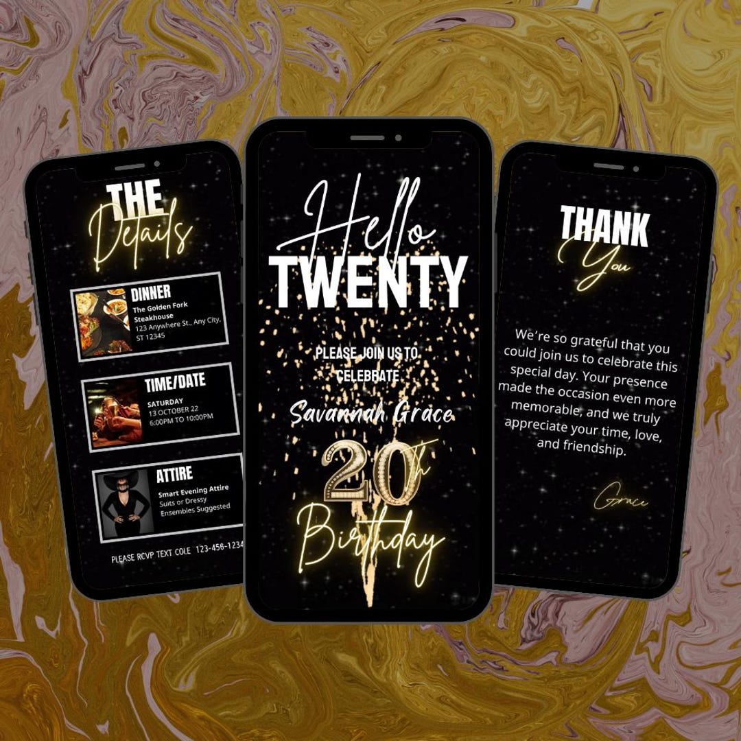 Hello Twenty Birthday Invitation Milestone Party, Black Gold Sparkle ...