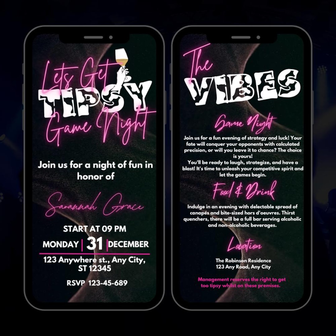 Let’s Get Tipsy Game Night Invitation, Neon Glow Digital Editable Party ...