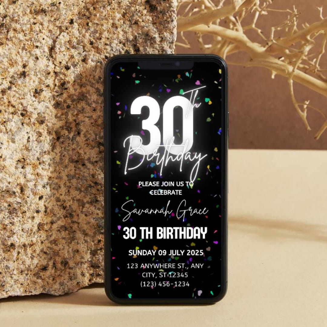 Custom Number Birthday Invitation, Confetti Party Theme, Black Neon ...