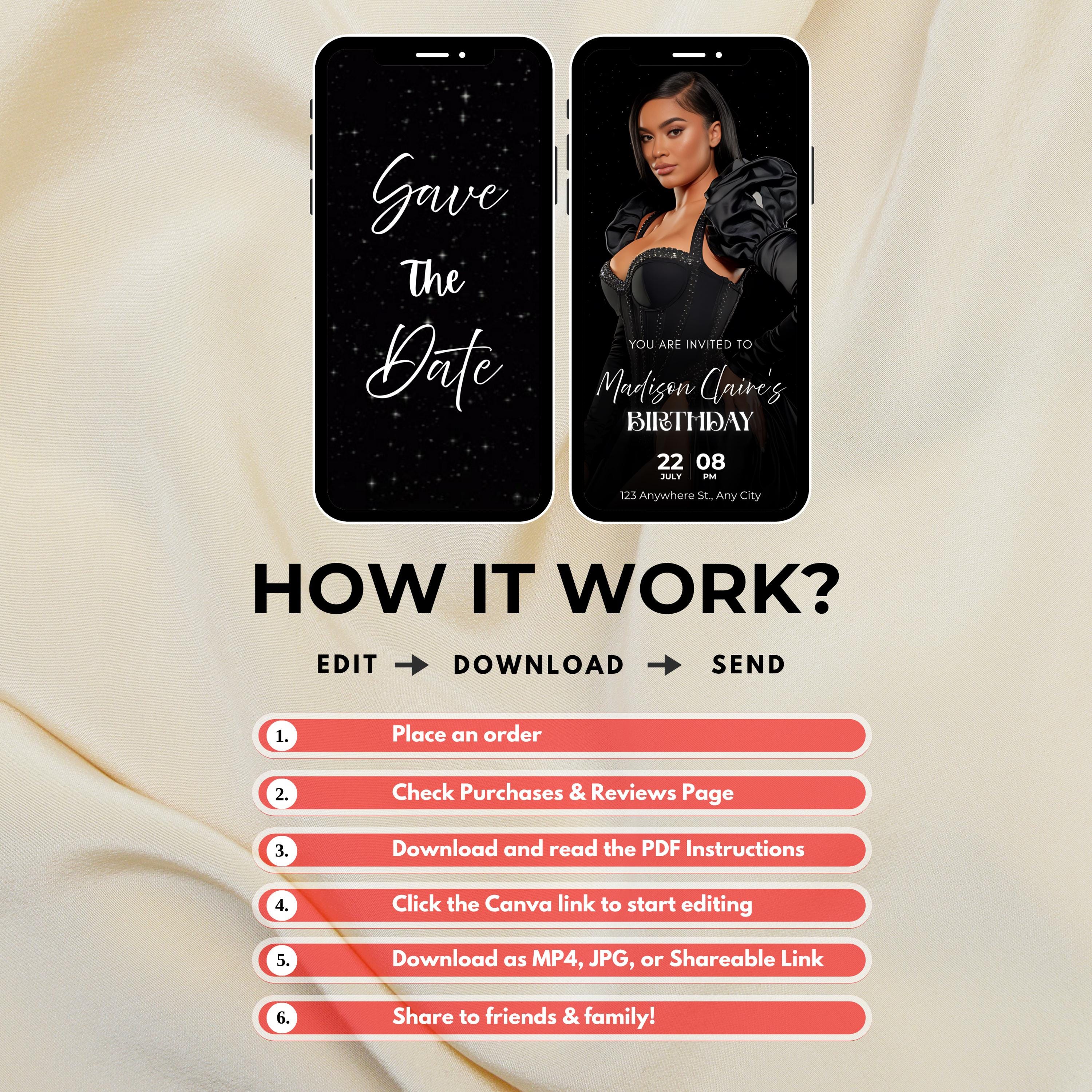 Black Glam Birthday Invitation Template, Add Your Photo Digital Invite ...