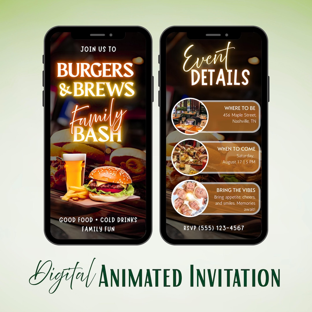 Burgers & Brews Family Bash Invitation, Cookout Party, Neon Glow Style ...