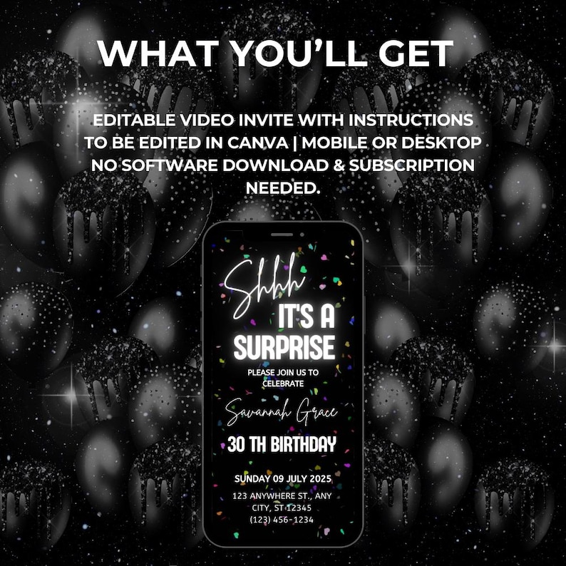 Shhh It’s a Surprise Birthday Invitation, Confetti Party, Black Neon ...
