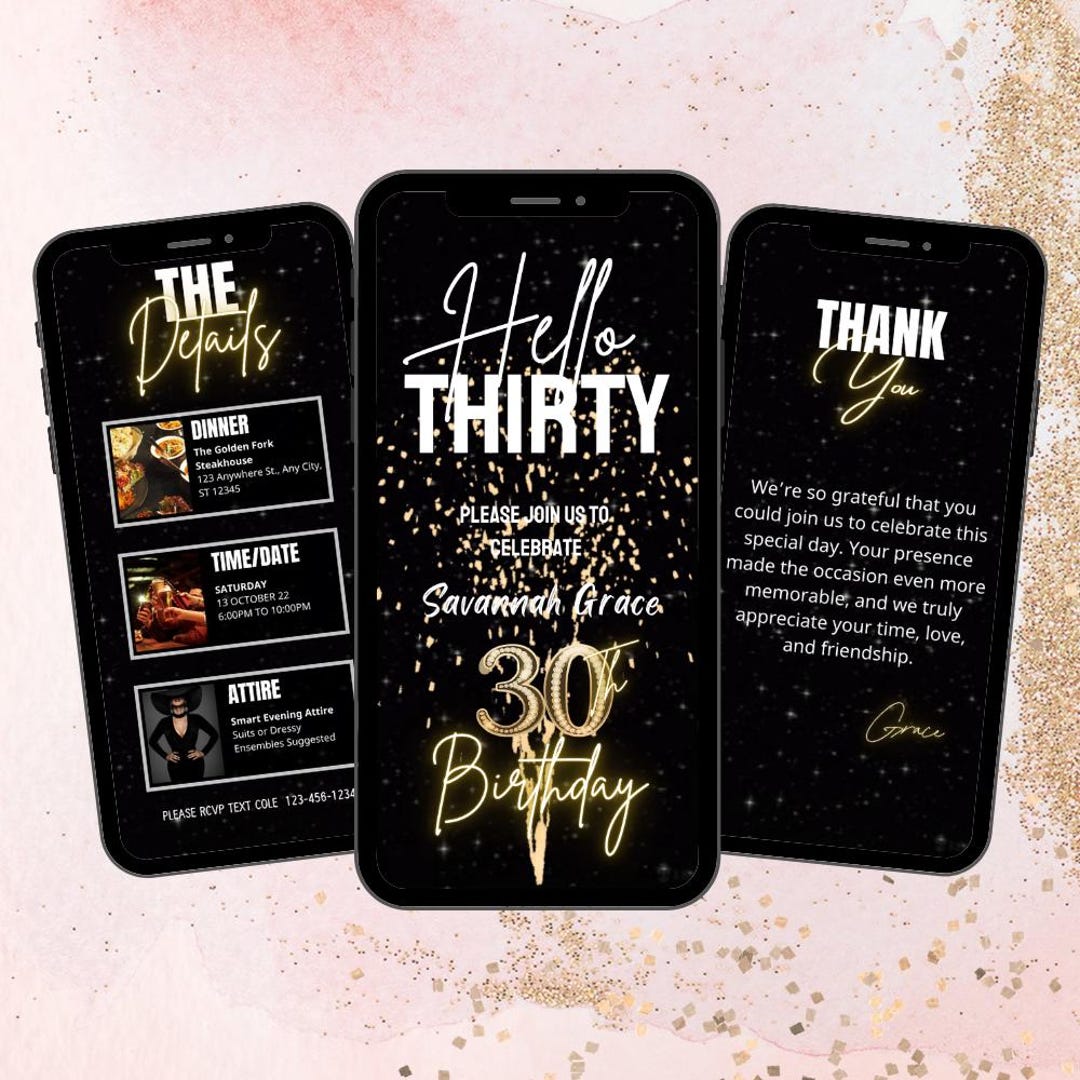 Hello Thirty Birthday Invitation, Elegant Black & Gold Sparkle Luxe ...