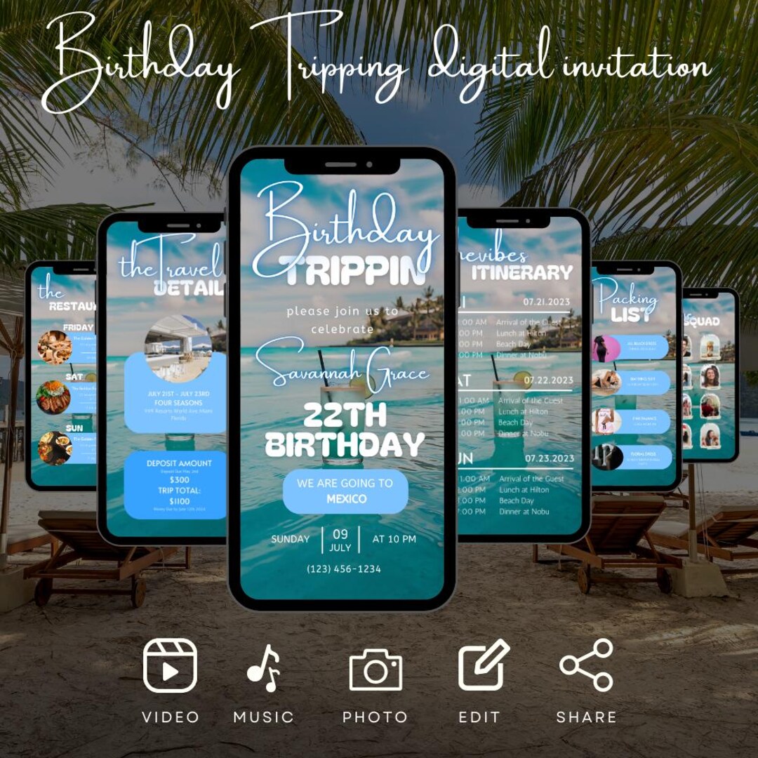 Birthday Trip Invitation, Tropical Travel Itinerary Template, Blue ...