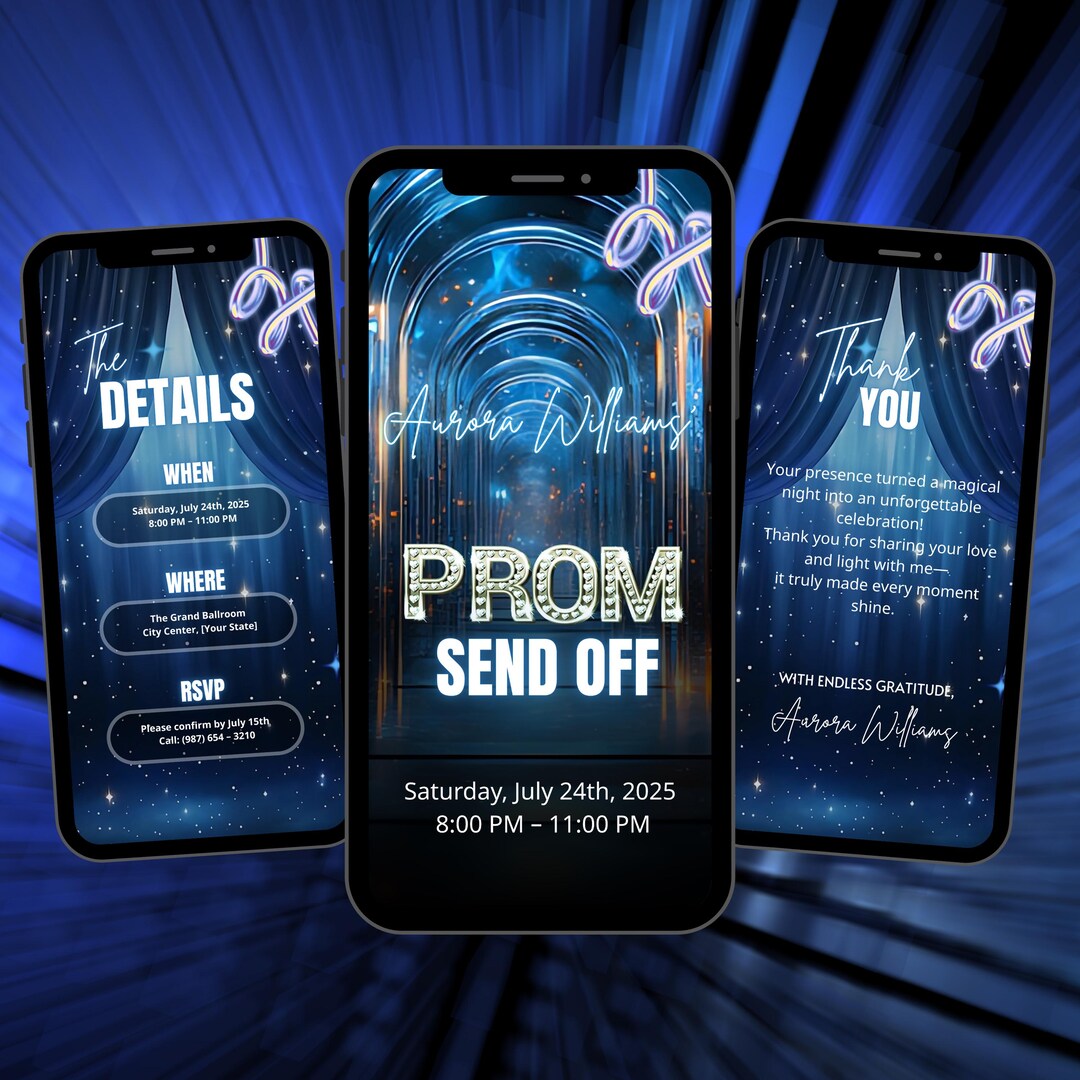 Navy Blue Girl Prom Send off Invitation, Animated & Editable Prom Party ...