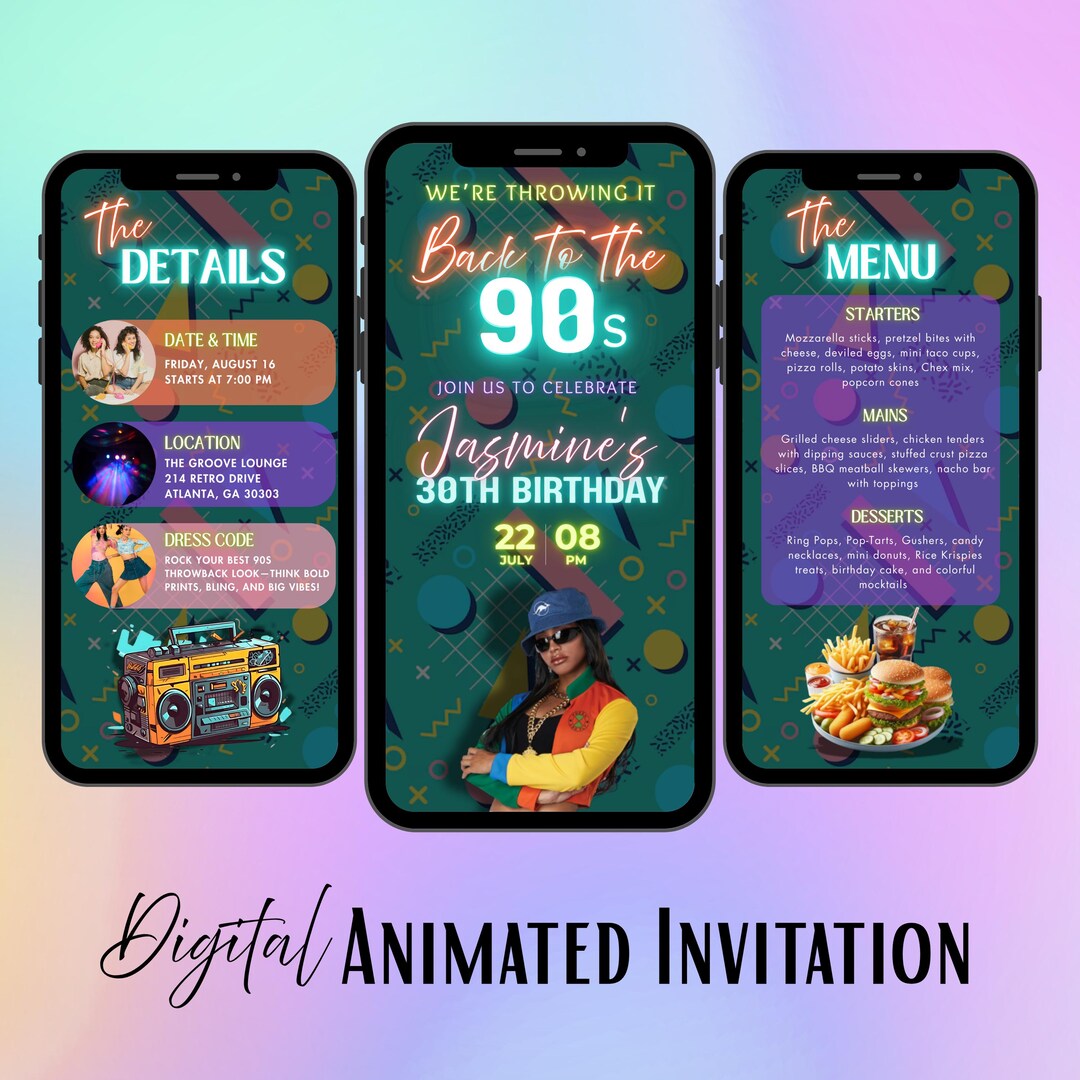 Back to the 90s Birthday Invitation, Neon Retro Throwback Theme ...