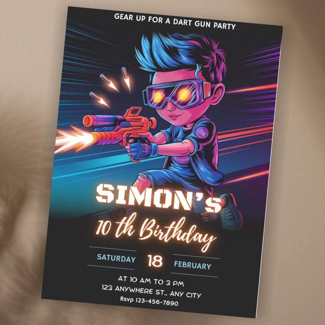 Dart Gun Birthday Invitation Template – Editable Action Party Invite ...