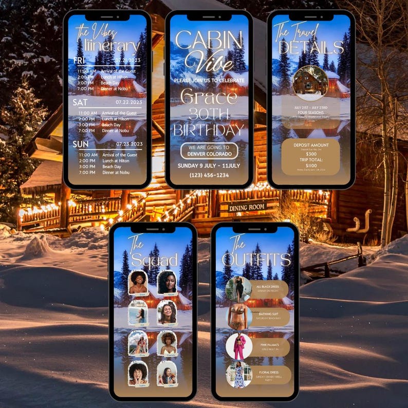 Cabin Birthday Trip Invitation, Winter Getaway Itinerary Template ...