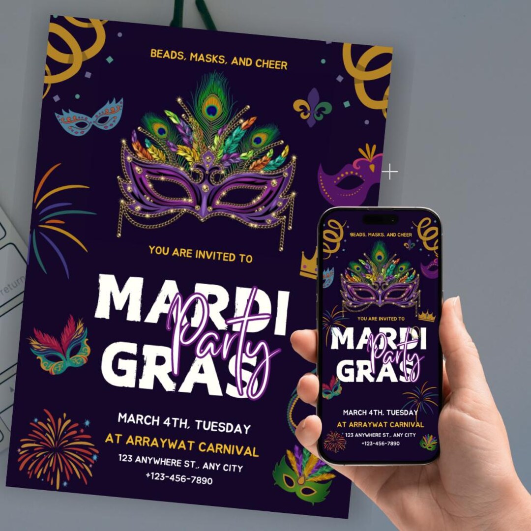 Mardi Gras Birthday Invitation Digital Masquerade Birthday Party Invite ...