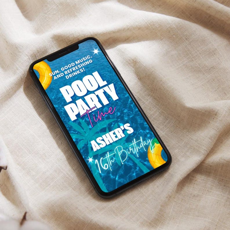 Animated Blue Pool Party Birthday Invitation Video. Neon Beach Theme ...