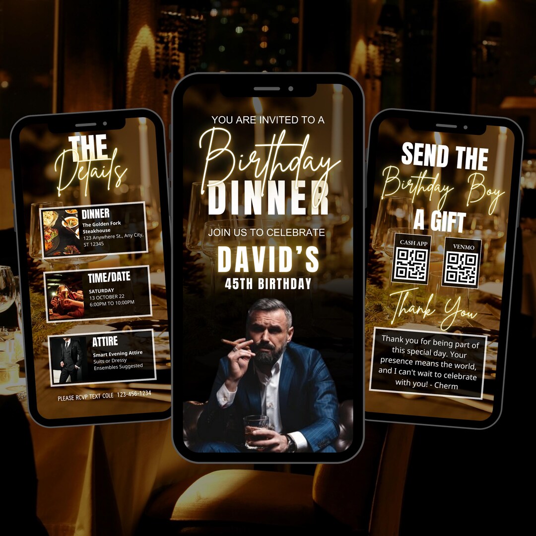 Animated Birthday Dinner Invitation, DIY Template Design, Men's Party ...