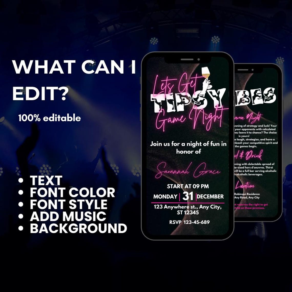 Let’s Get Tipsy Game Night Invitation, Neon Glow Digital Editable Party ...