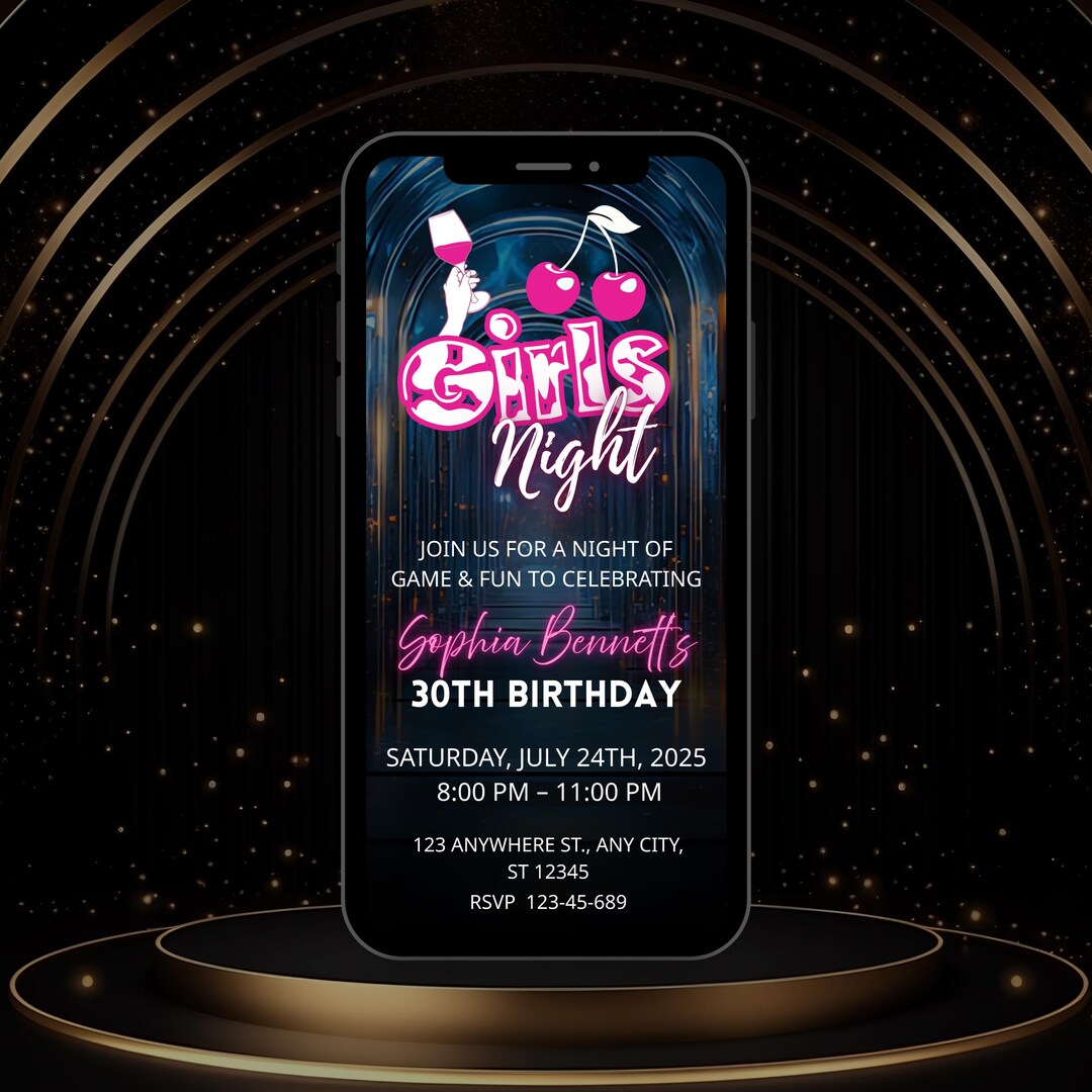 Digital Girls Birthday Game Night Invitation Template, Animated Neon ...