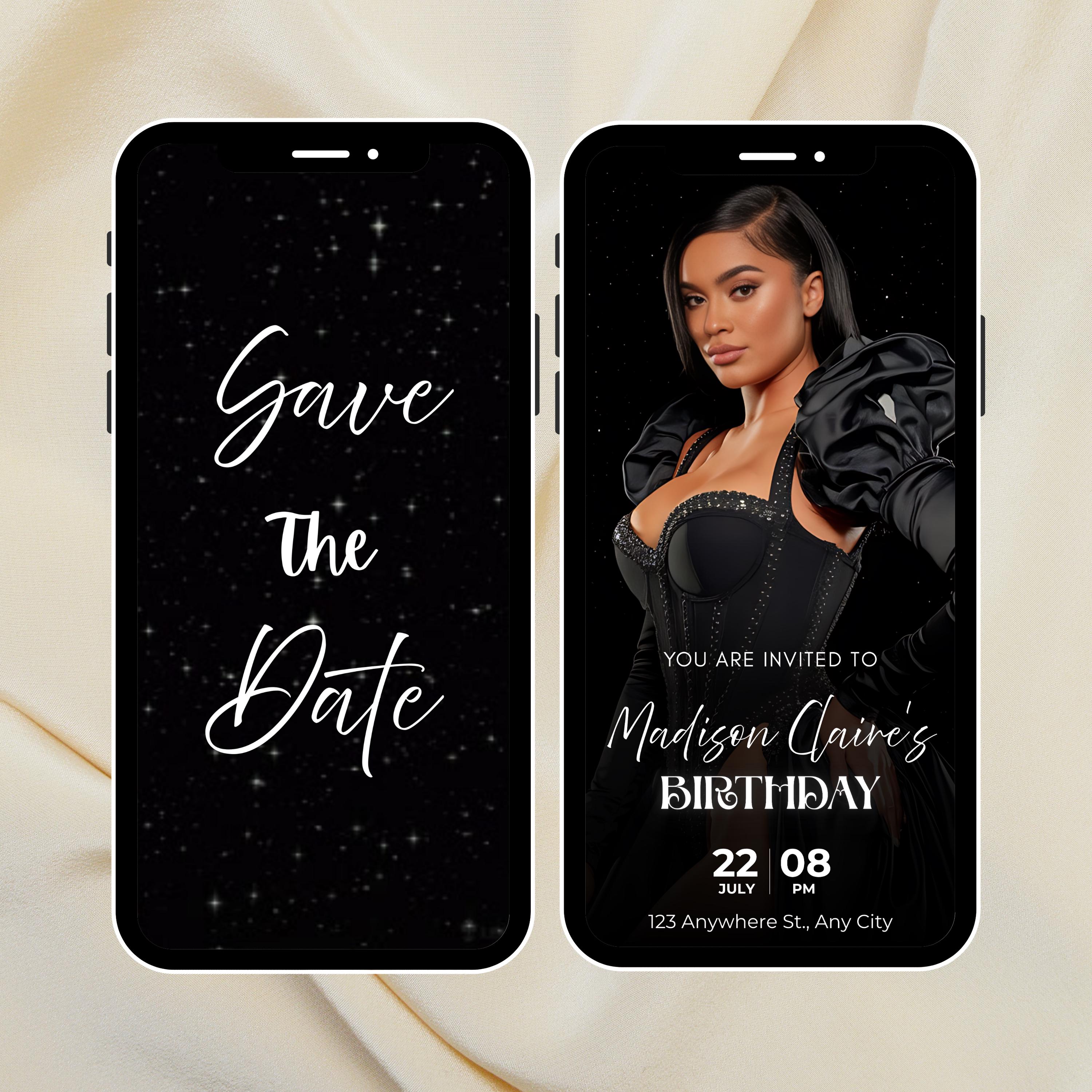 Black Glam Birthday Invitation Template, Add Your Photo Digital Invite ...