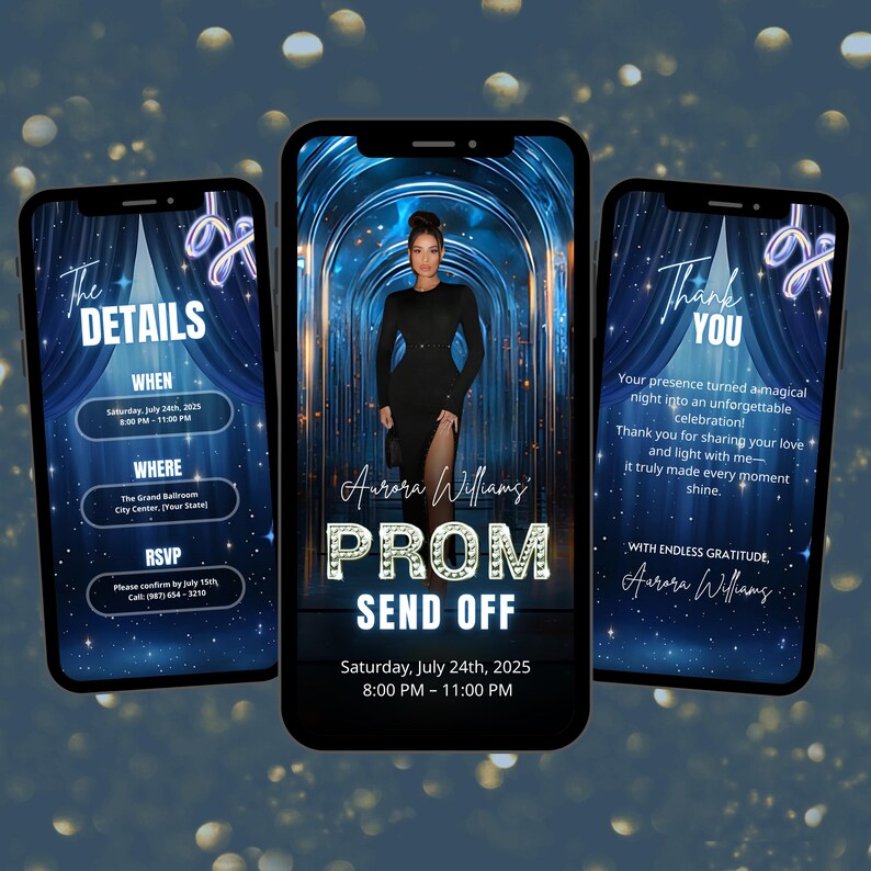 Prom Send off Invitation, Glamorous Blue & Gold Celebration ...