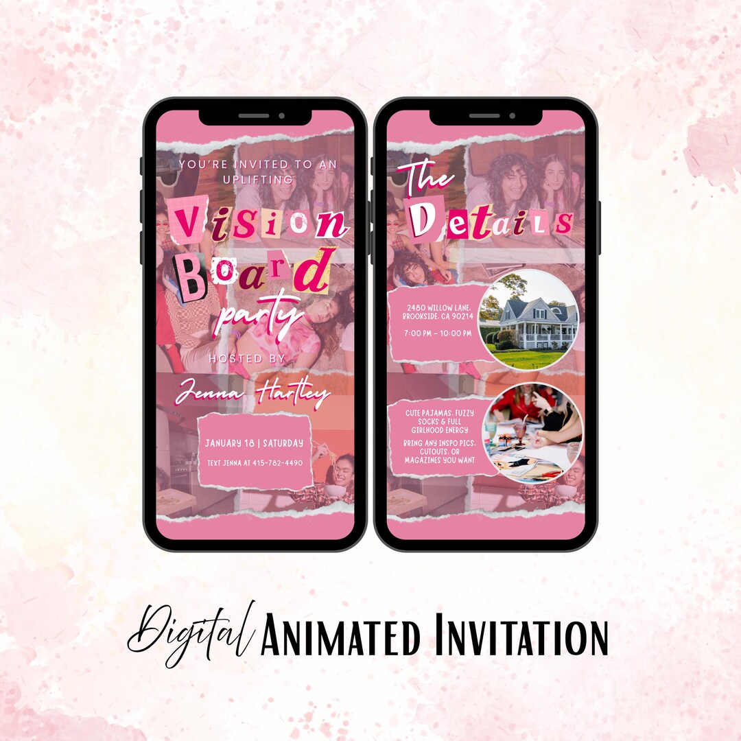 Vision Board Animated Invite, Manifestation Party, Pink Collage Style ...