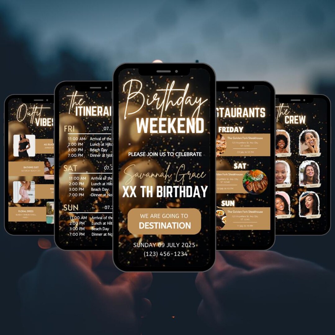 Black Gold Birthday Weekend Invitation, Animated Glam Digital Party ...