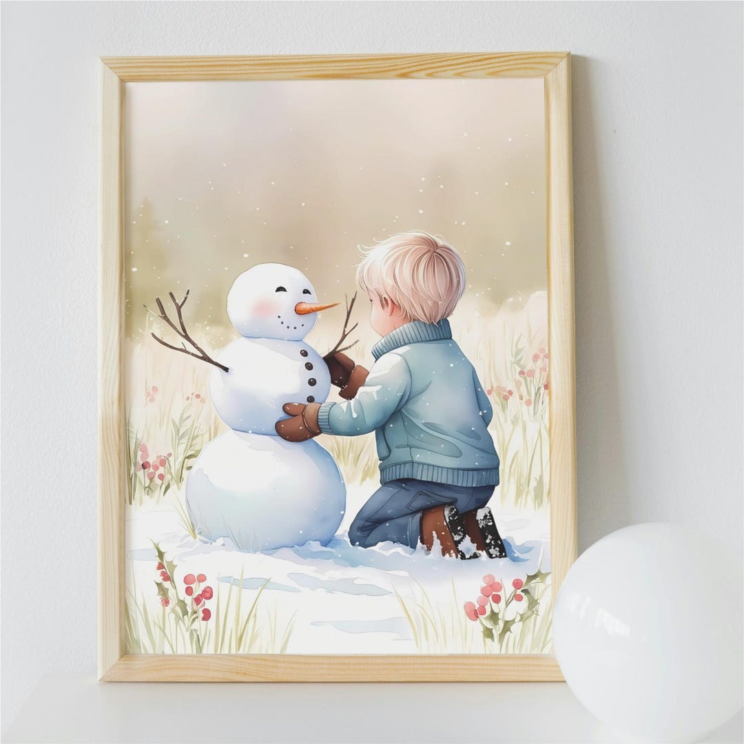 Pastel Winter Printable Picture Little Boy With A Snowman Snowy Meadow ...