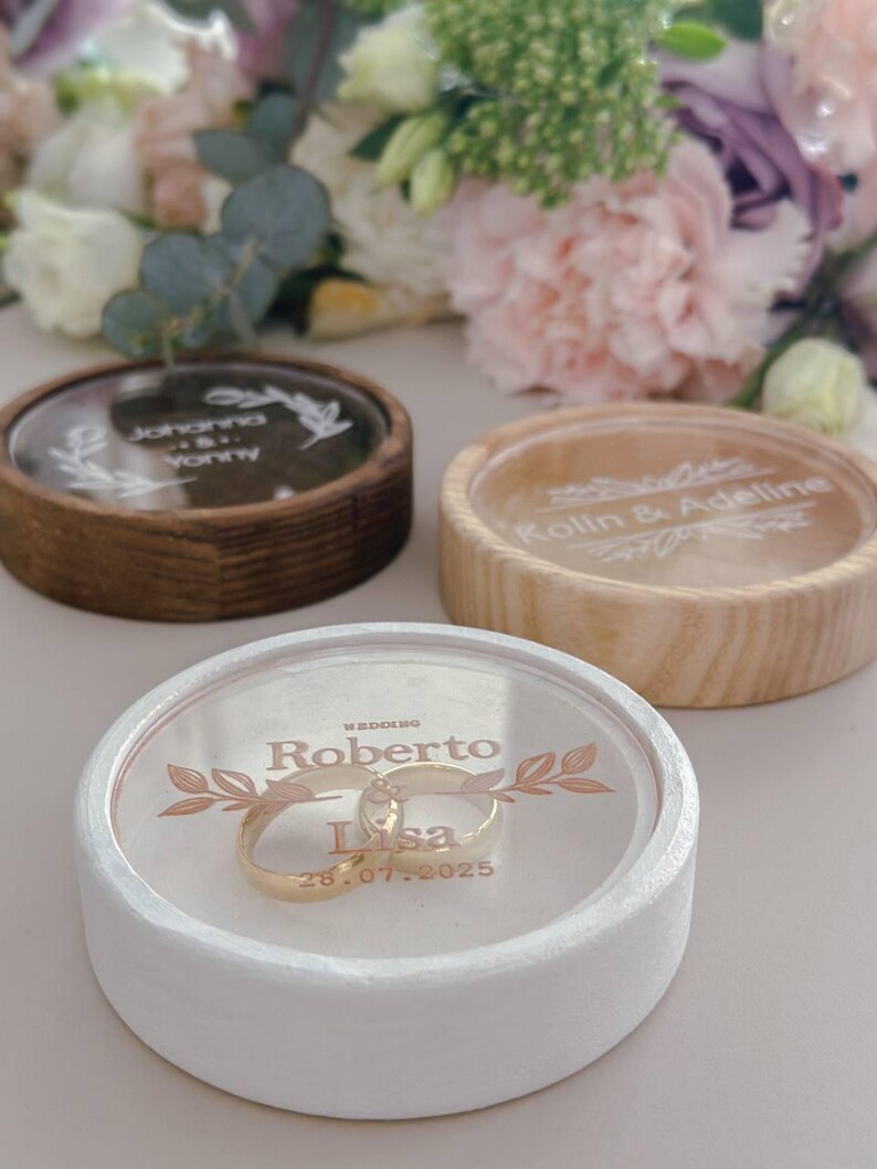 Personalized Wedding Ring Box, Modern Ring Box With Personalized Acrylic Disc, Ring Bearer Box ...