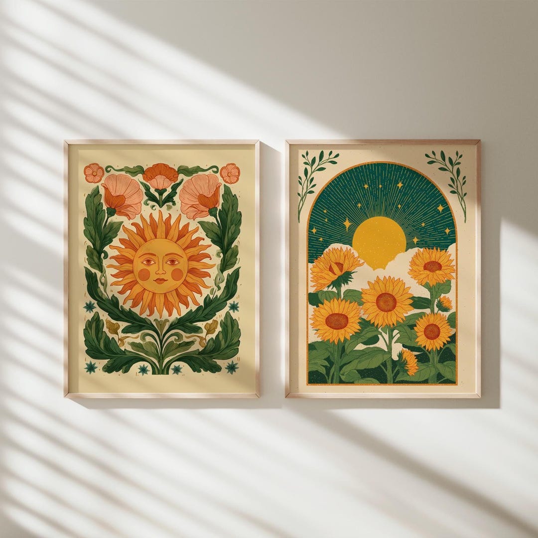 Sun Folk Art Print Set of 2, Boho Wall Art, Scandinavian Decor (digital ...