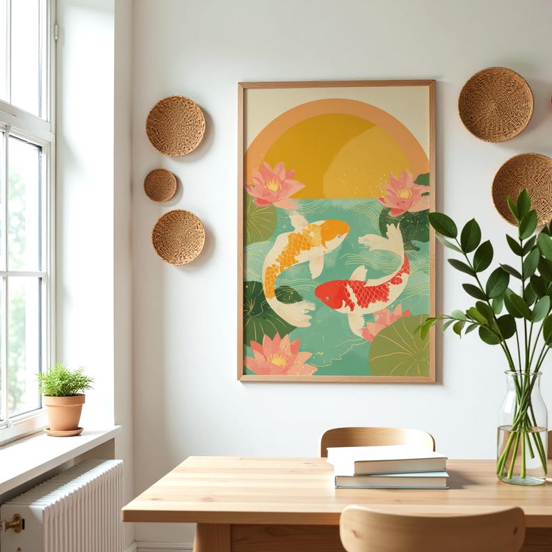 Koi Fish and Lotus Flower Print: Japandi Zen Wall Art (digital Download ...