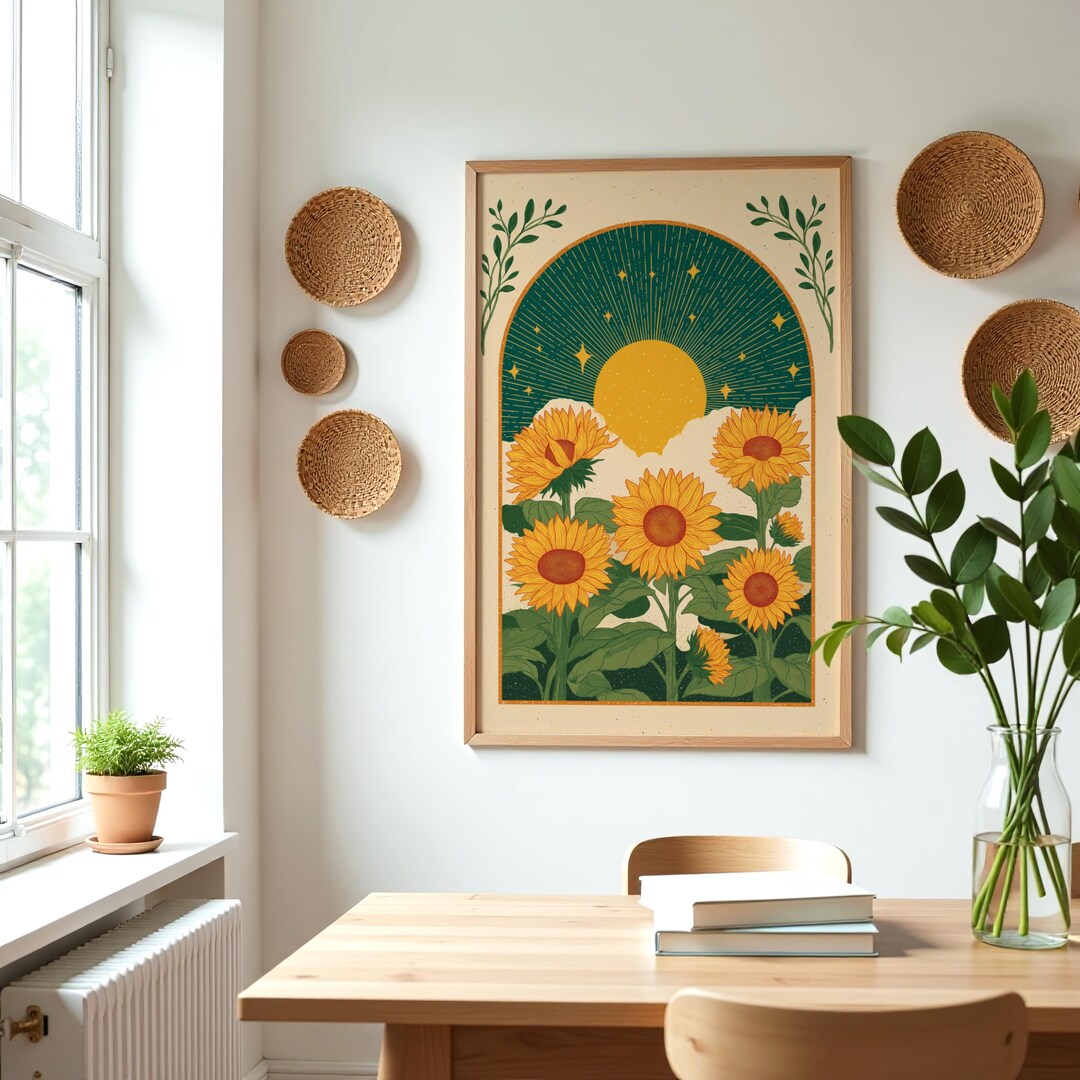 Sunflower Folk Art Print, Botanical Wall Art, Sun Poster, Boho Wall ...