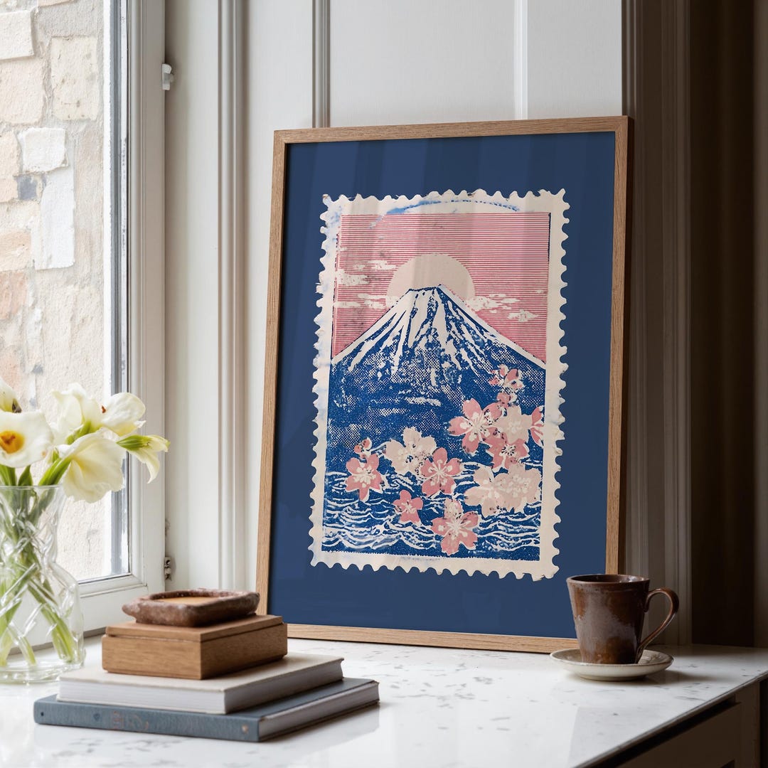 Vintage Japanese Stamp Art Print, Mount Fuji Poster, Cherry Blossoms ...