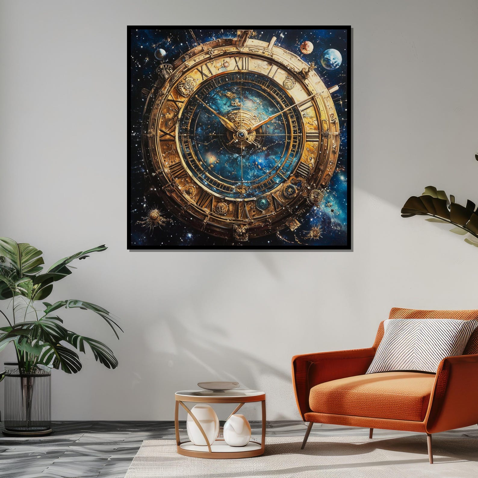 Astronomical Clock Canvas, Cosmic Timepiece Art, Steampunk Clock Design ...