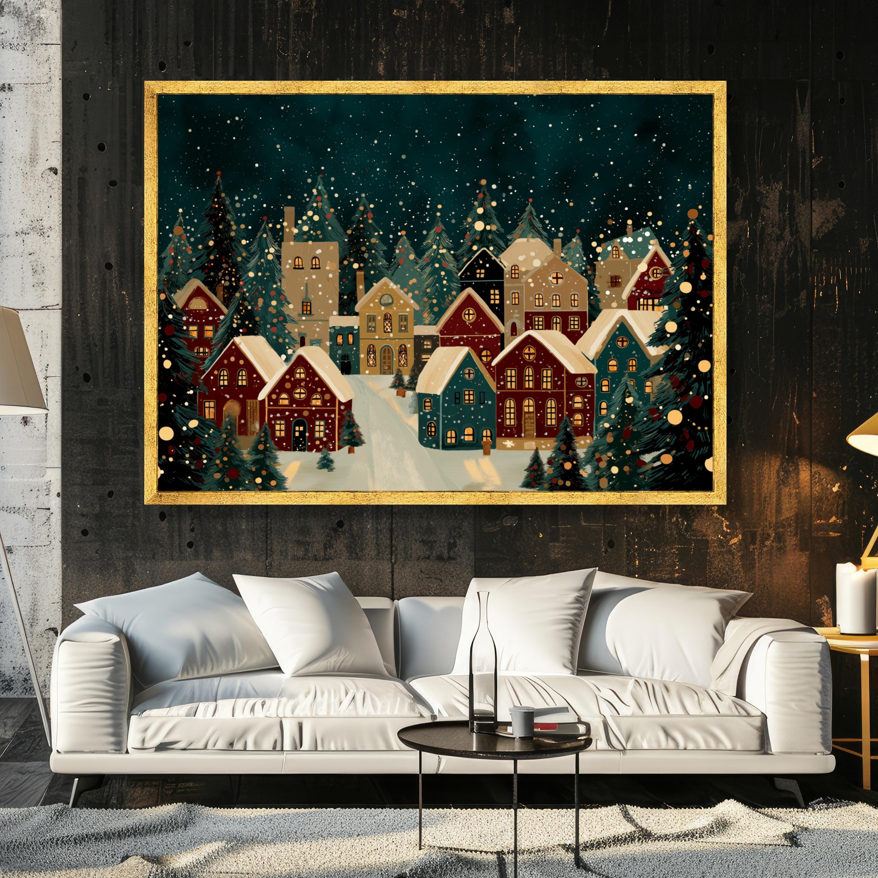 Cozy Winter Village Scene, Snowy Night Canvas, Christmas Holiday Wall ...
