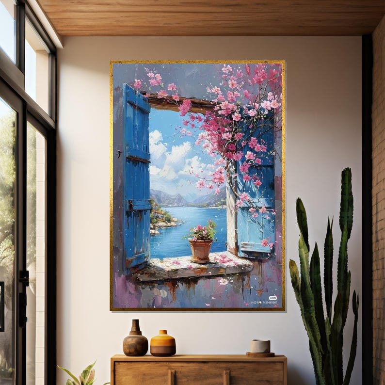 Charming Window View Canvas, Blue Shutters Blossom, Scenic Landscape ...