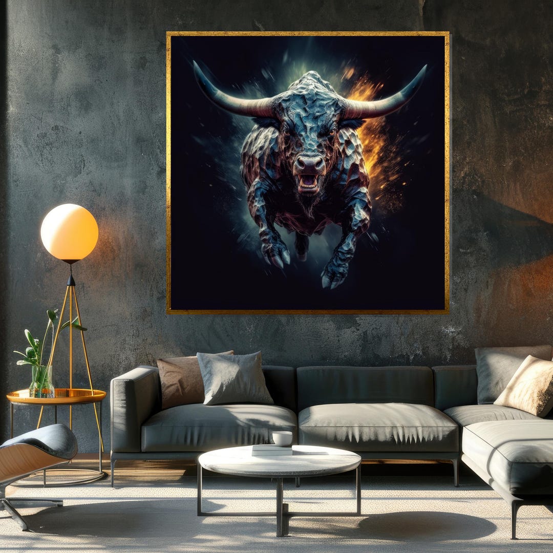 Fierce Bull Canvas, Charging Bull Art, Dynamic Wall Art, Bull Painting ...