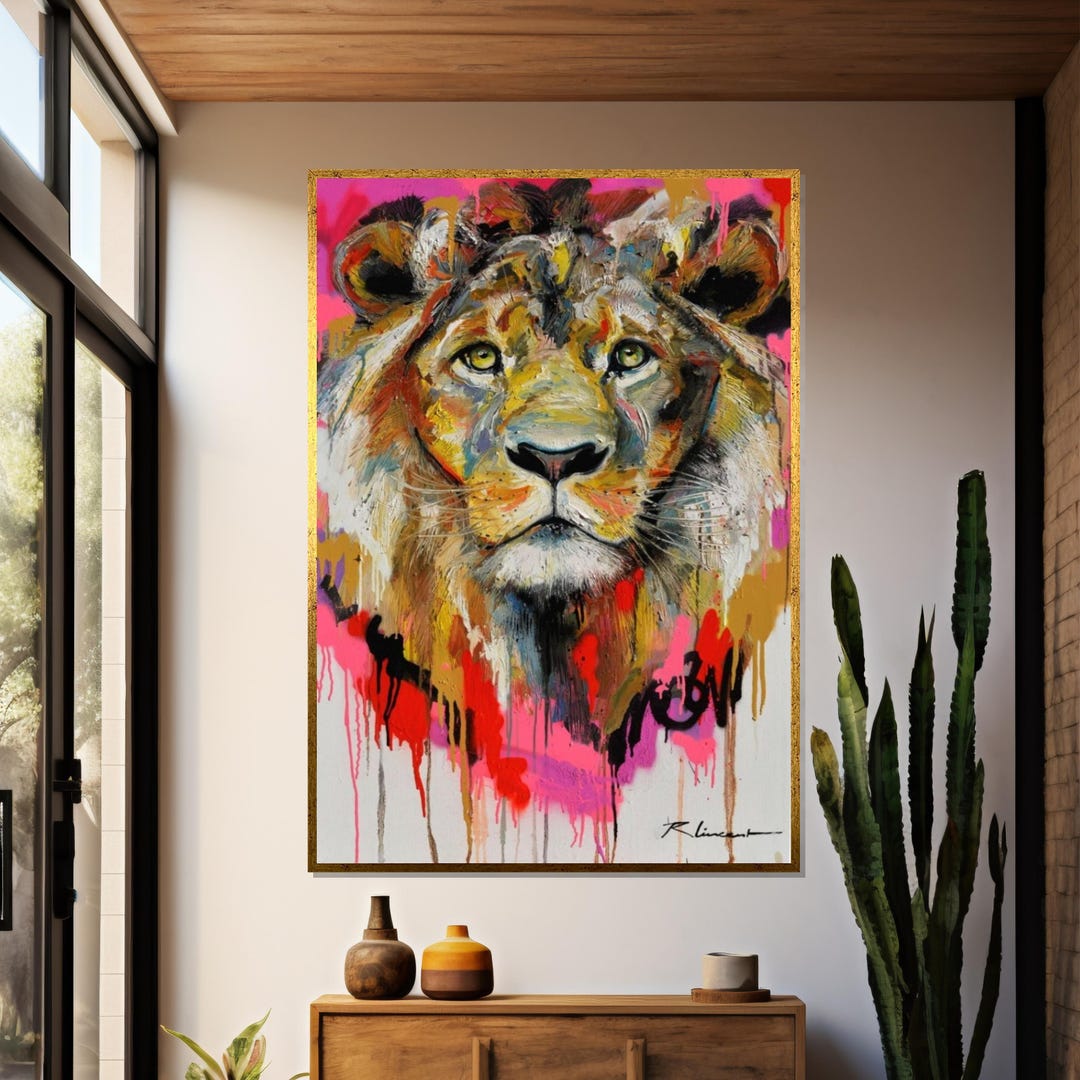 Multicolor Lion Canvas Vibrant Animal Art Print, Framed Lion Decor ...