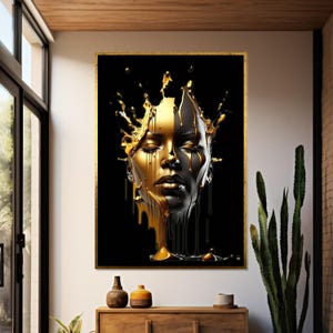 Golden Face Canvas, Dripping Gold Art, Abstract Portrait Wall Art ...