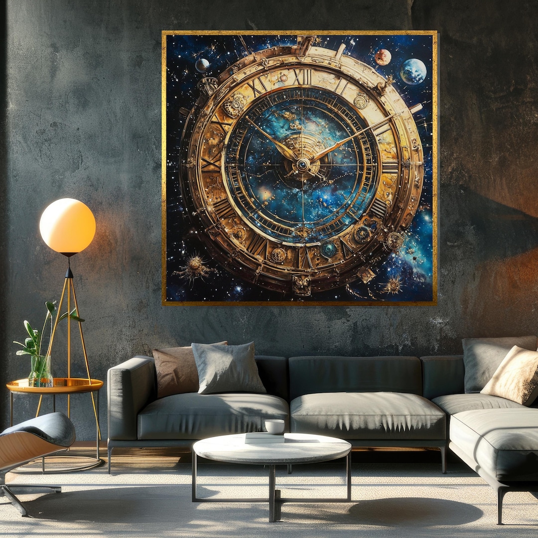 Astronomical Clock Canvas, Cosmic Timepiece Art, Steampunk Clock Design ...