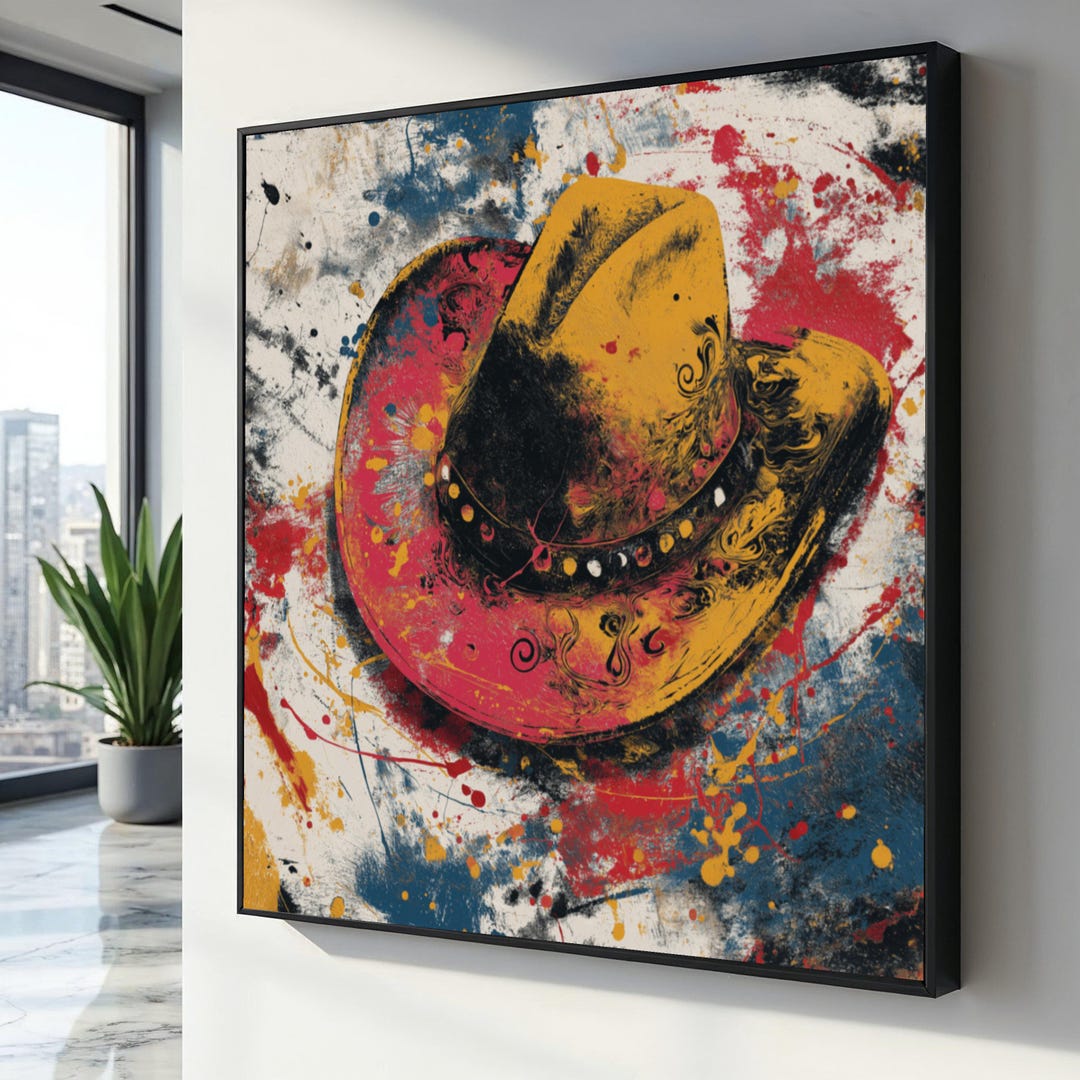 Vintage Western Cowboy Hat Canvas, Abstract Paint Splatter Art, Rustic ...