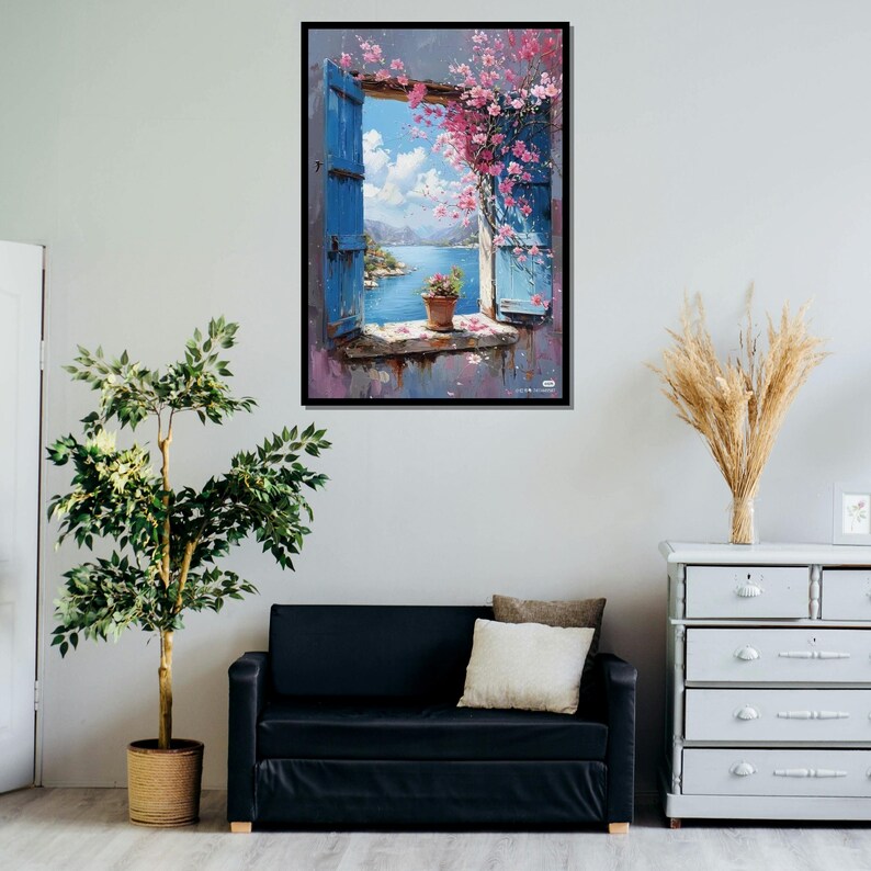 Charming Window View Canvas, Blue Shutters Blossom, Scenic Landscape ...