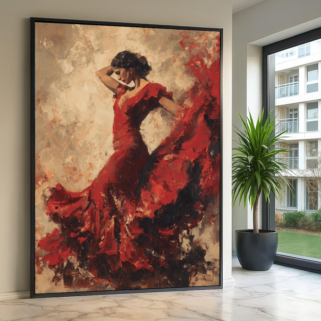 Flamenco Dancer in Red Dress Canvas Wall Art, Abstract Woman Portrait ...