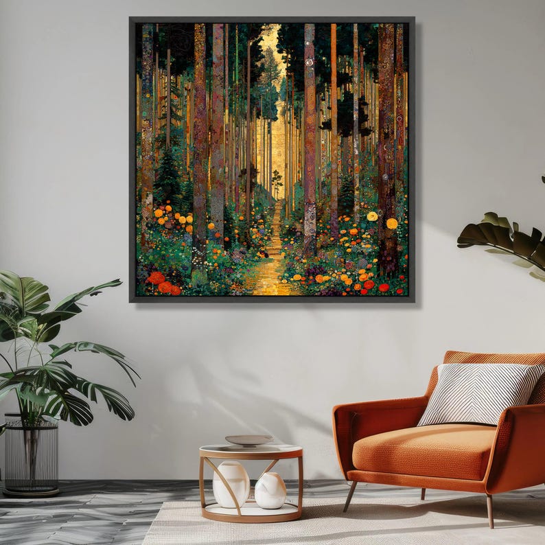 Gustav Klimt Forest Path Canvas, Colorful Floral Trees Wall Art, Golden ...
