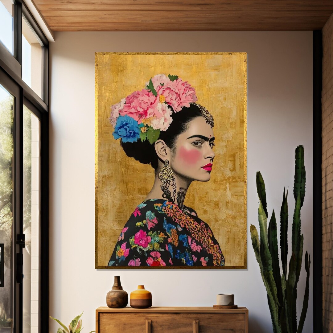 Frida Inspired Floral Canvas, Elegant Woman Portrait, Floral Headpiece ...