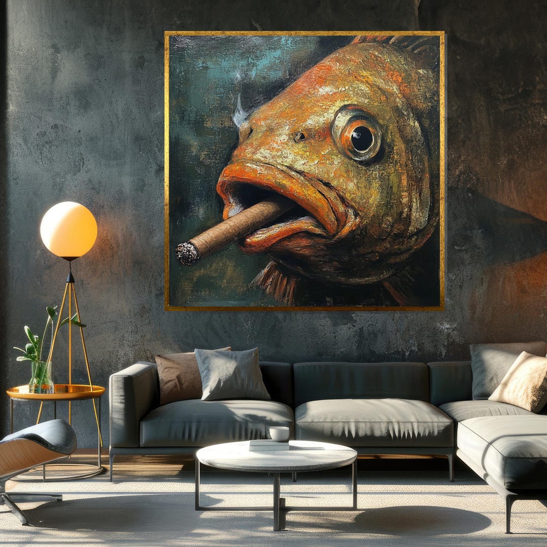 Fish Cigar Canvas, Smoking Fish Art, Unique Wall Art, Animal Canvas ...
