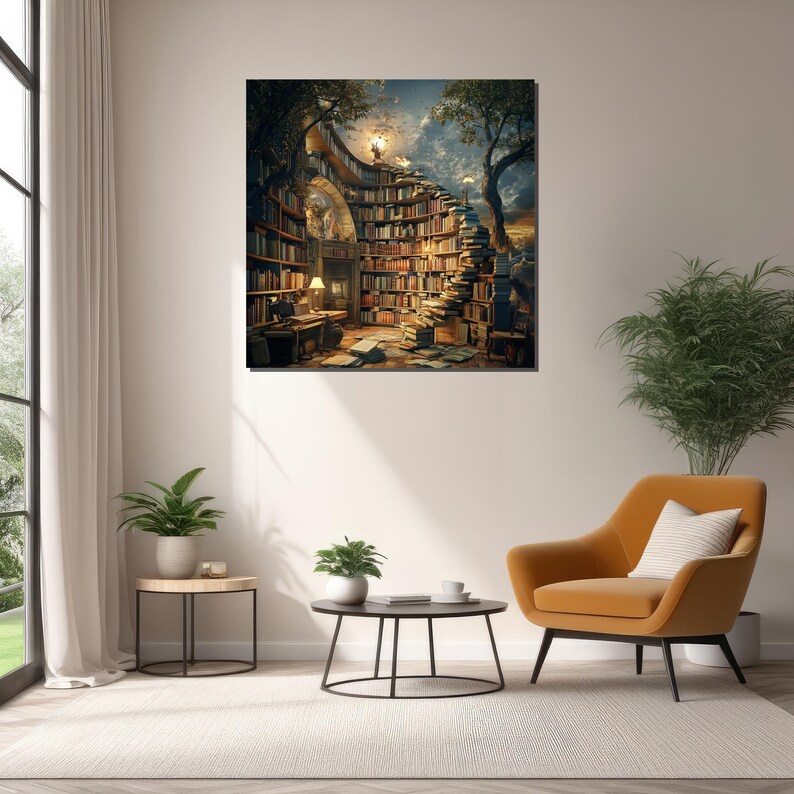 Dreamy Bookshelf Library, Spiral Bookcase Canvas, Magical Books Art ...