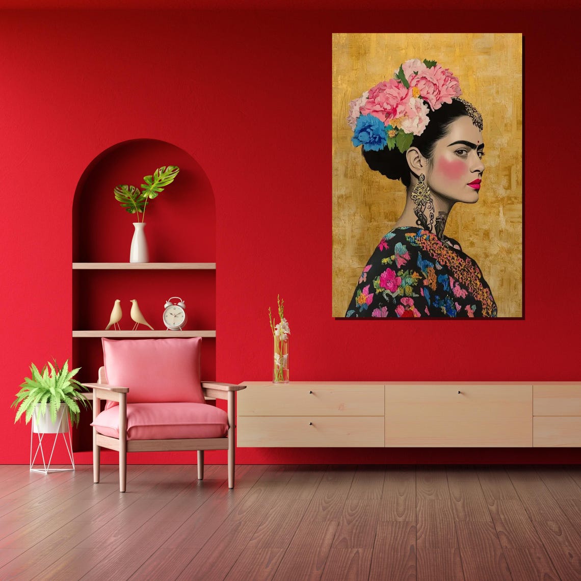 Frida Inspired Floral Canvas, Elegant Woman Portrait, Floral Headpiece ...